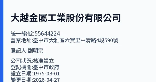 大越金屬工業股份有限公司的照片-統編 55644224(臺中市) 公司登記資料與營業項目詳細圖表