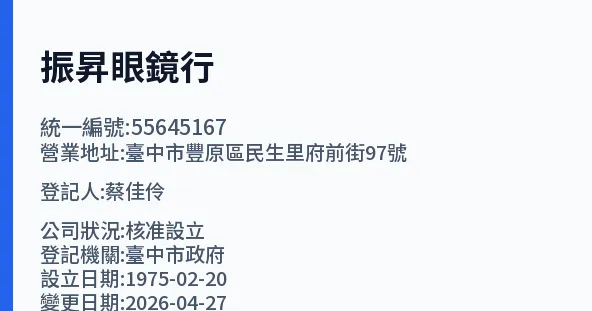 振昇眼鏡行的照片-統編 55645167(臺中市) 公司登記資料與營業項目詳細圖表