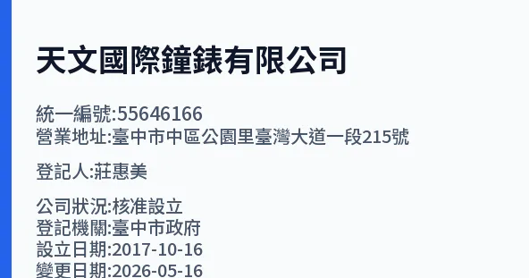天文國際鐘錶有限公司的照片-統編 55646166(臺中市) 公司登記資料與營業項目詳細圖表