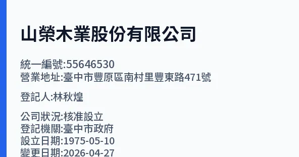 山榮木業股份有限公司的照片-統編 55646530(臺中市) 公司登記資料與營業項目詳細圖表