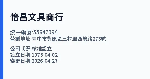 怡昌文具商行的照片-統編 55647094(臺中市) 公司登記資料與營業項目詳細圖表