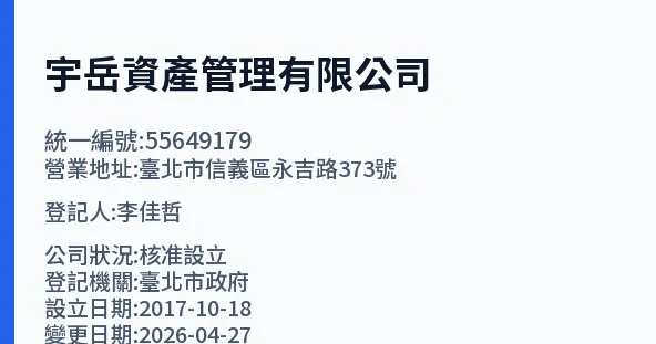 宇岳資產管理有限公司的照片-統編 55649179(臺北市) 公司登記資料與營業項目詳細圖表