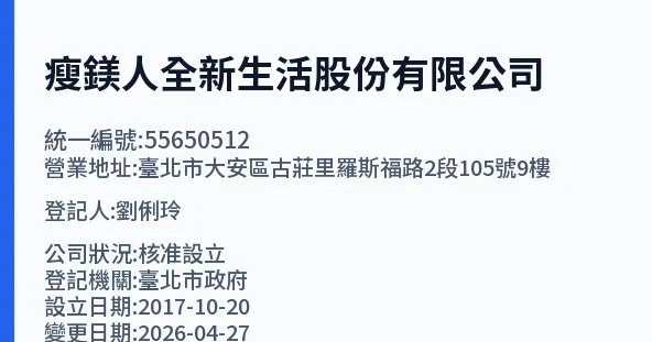 瘦鎂人全新生活股份有限公司的照片-統編 55650512(臺北市) 公司登記資料與營業項目詳細圖表