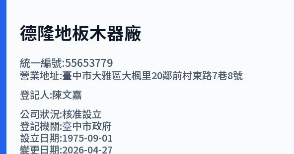德隆地板木器廠的照片-統編 55653779(臺中市) 公司登記資料與營業項目詳細圖表