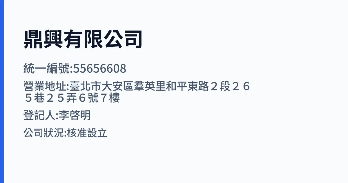 鼎興有限公司 - 統編 55656608(臺北市) 公司登記資料與營業項目詳細圖表