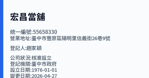 宏昌當舖的照片-統編 55658330(臺中市) 公司登記資料與營業項目詳細圖表