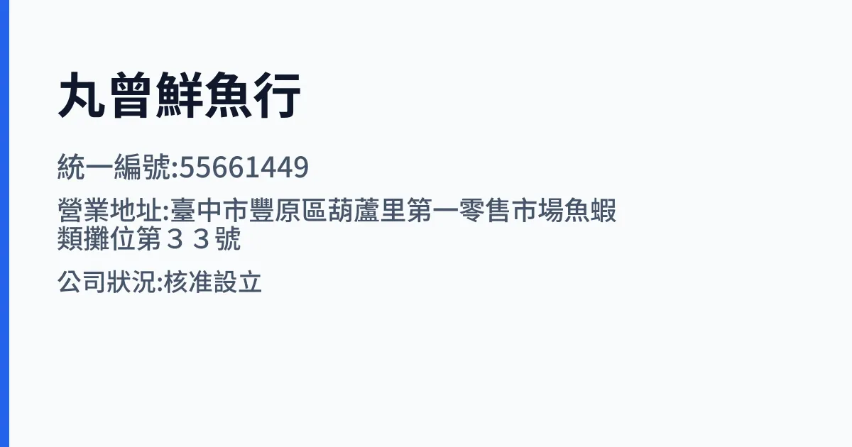 丸曾鮮魚行 - 統編 55661449(臺中市) 公司登記資料與營業項目詳細圖表
