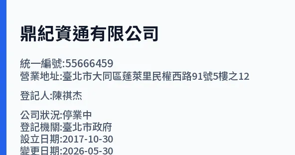 鼎紀資通有限公司的照片-統編 55666459(臺北市) 公司登記資料與營業項目詳細圖表