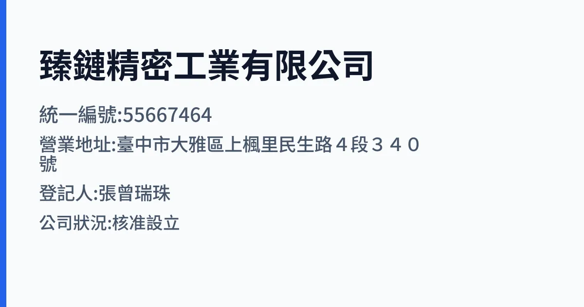 臻鏈精密工業有限公司 - 統編 55667464(臺中市) 公司登記資料與營業項目詳細圖表