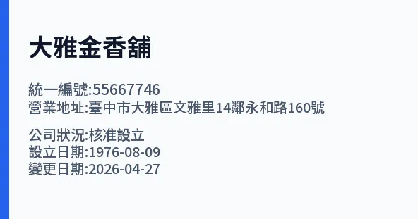 大雅金香舖的照片-統編 55667746(臺中市) 公司登記資料與營業項目詳細圖表