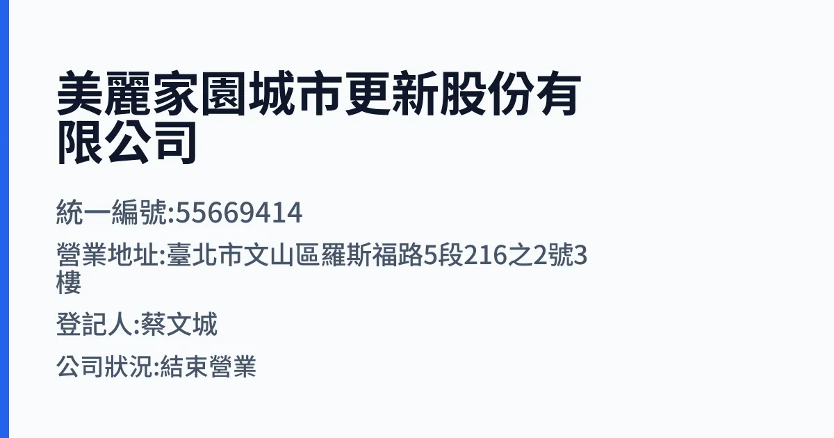 美麗家園城市更新股份有限公司 - 統編 55669414(臺北市) 公司登記資料與營業項目詳細圖表
