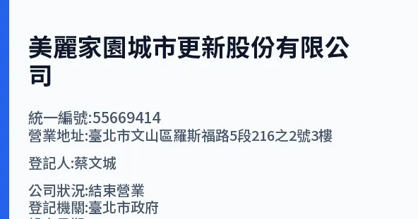 美麗家園城市更新股份有限公司的照片-統編 55669414(臺北市) 公司登記資料與營業項目詳細圖表