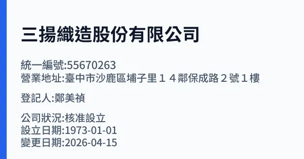 三揚織造股份有限公司的照片-統編 55670263(臺中市) 公司登記資料與營業項目詳細圖表