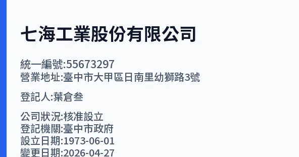 七海工業股份有限公司的照片-統編 55673297(臺中市) 公司登記資料與營業項目詳細圖表