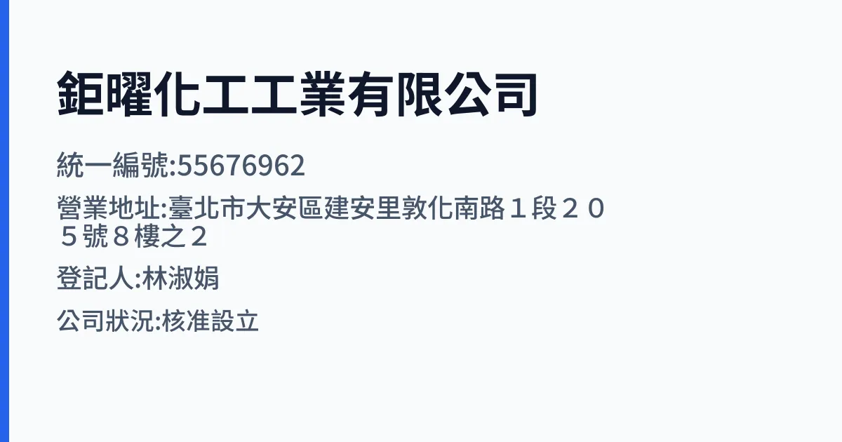 鉅曜化工工業有限公司 - 統編 55676962(臺北市) 公司登記資料與營業項目詳細圖表
