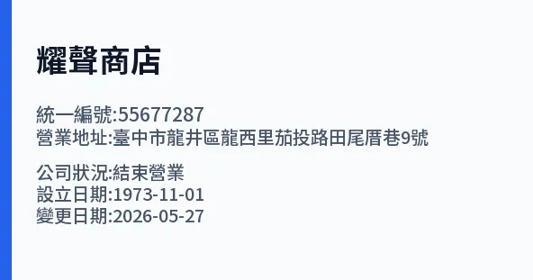 耀聲商店的照片-統編 55677287(臺中市) 公司登記資料與營業項目詳細圖表