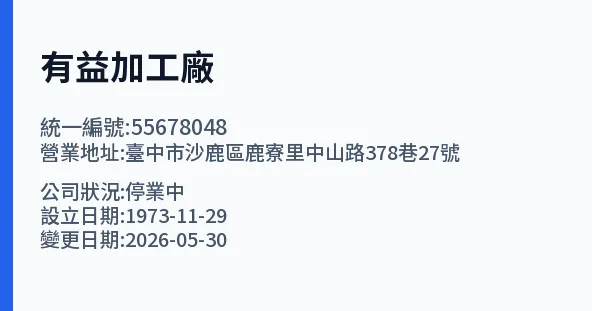 有益加工廠的照片-統編 55678048(臺中市) 公司登記資料與營業項目詳細圖表
