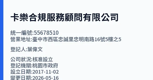 卡樂合規服務顧問有限公司的照片-統編 55678510(臺中市) 公司登記資料與營業項目詳細圖表