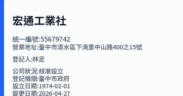 宏通工業社的照片-統編 55679742(臺中市) 公司登記資料與營業項目詳細圖表