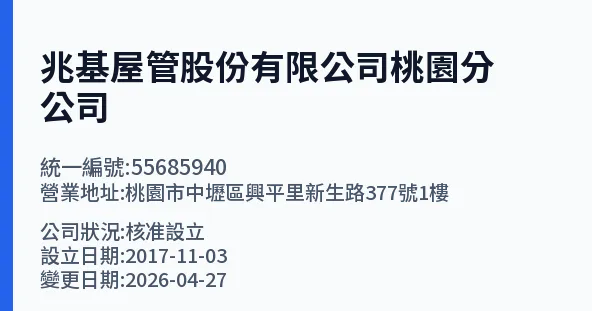 兆基屋管股份有限公司桃園分公司的照片-統編 55685940(桃園市) 公司登記資料與營業項目詳細圖表