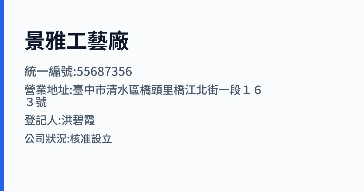 景雅工藝廠 - 統編 55687356(臺中市) 公司登記資料與營業項目詳細圖表