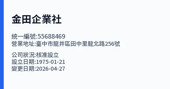 金田企業社的照片-統編 55688469(臺中市) 公司登記資料與營業項目詳細圖表
