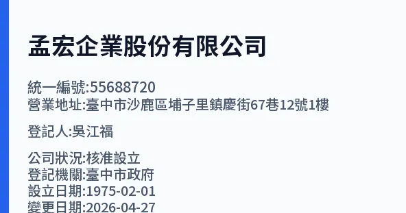 孟宏企業股份有限公司的照片-統編 55688720(臺中市) 公司登記資料與營業項目詳細圖表