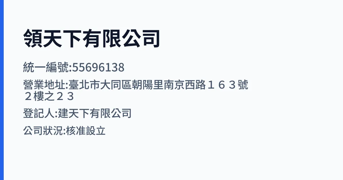 領天下有限公司 - 統編 55696138(臺北市) 公司登記資料與營業項目詳細圖表