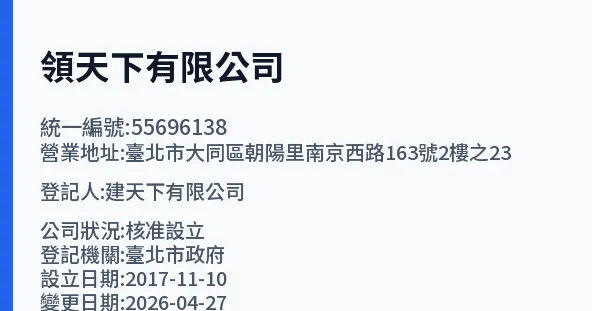 領天下有限公司的照片-統編 55696138(臺北市) 公司登記資料與營業項目詳細圖表