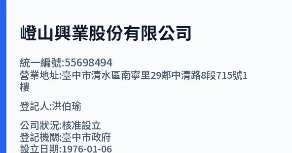 嶝山興業股份有限公司的照片-統編 55698494(臺中市) 公司登記資料與營業項目詳細圖表