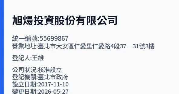 旭煬投資股份有限公司的照片-統編 55699867(臺北市) 公司登記資料與營業項目詳細圖表