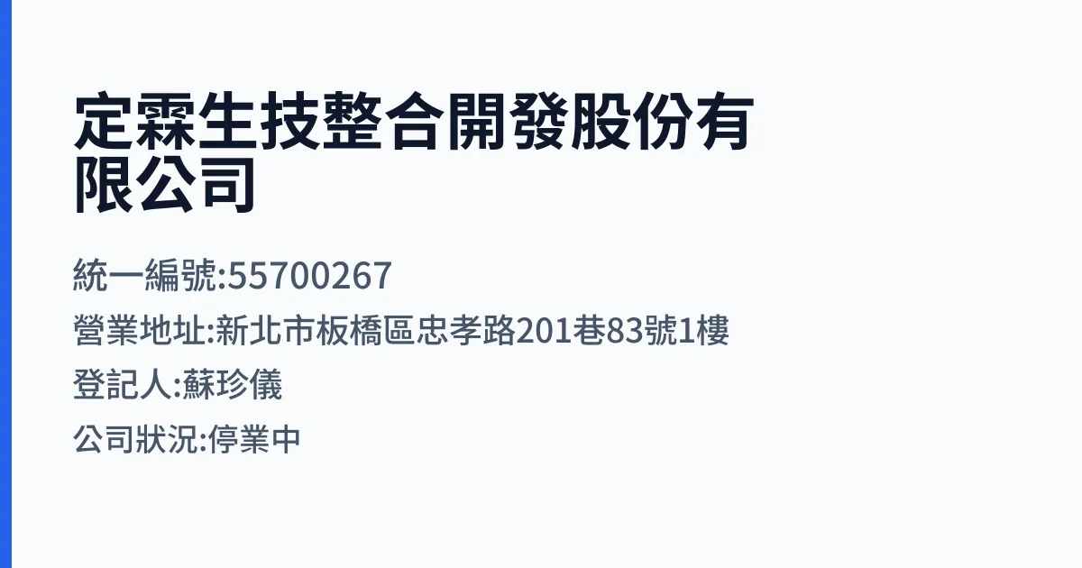 定霖生技整合開發股份有限公司 - 統編 55700267(新北市) 公司登記資料與營業項目詳細圖表