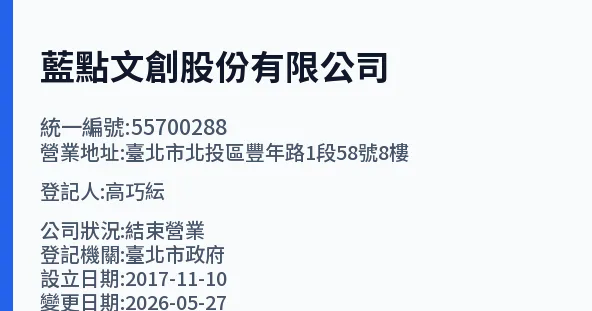 藍點文創股份有限公司的照片-統編 55700288(臺北市) 公司登記資料與營業項目詳細圖表