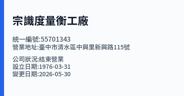 宗識度量衡工廠的照片-統編 55701343(臺中市) 公司登記資料與營業項目詳細圖表