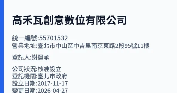 高禾瓦創意數位有限公司的照片-統編 55701532(臺北市) 公司登記資料與營業項目詳細圖表
