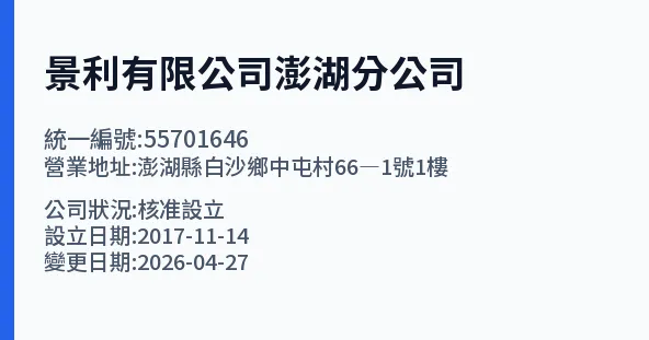 景利有限公司澎湖分公司的照片-統編 55701646(澎湖縣) 公司登記資料與營業項目詳細圖表
