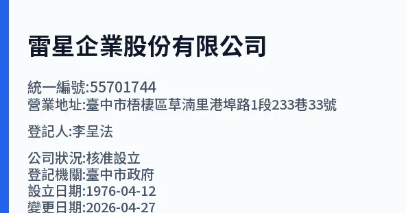 雷星企業股份有限公司的照片-統編 55701744(臺中市) 公司登記資料與營業項目詳細圖表