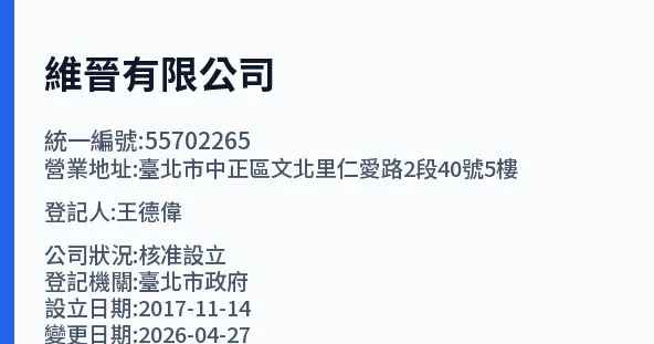 維晉有限公司的照片-統編 55702265(臺北市) 公司登記資料與營業項目詳細圖表