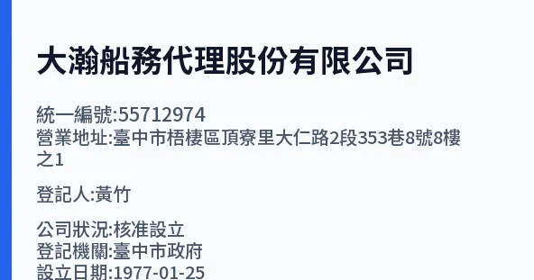 大瀚船務代理股份有限公司的照片-統編 55712974(臺中市) 公司登記資料與營業項目詳細圖表