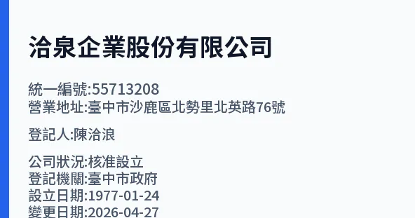 洽泉企業股份有限公司的照片-統編 55713208(臺中市) 公司登記資料與營業項目詳細圖表