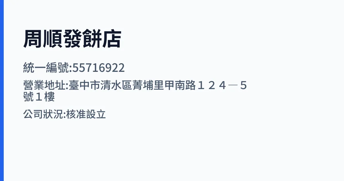 周順發餅店 - 統編 55716922（臺中市） 公司登記資料與營業項目詳細圖表