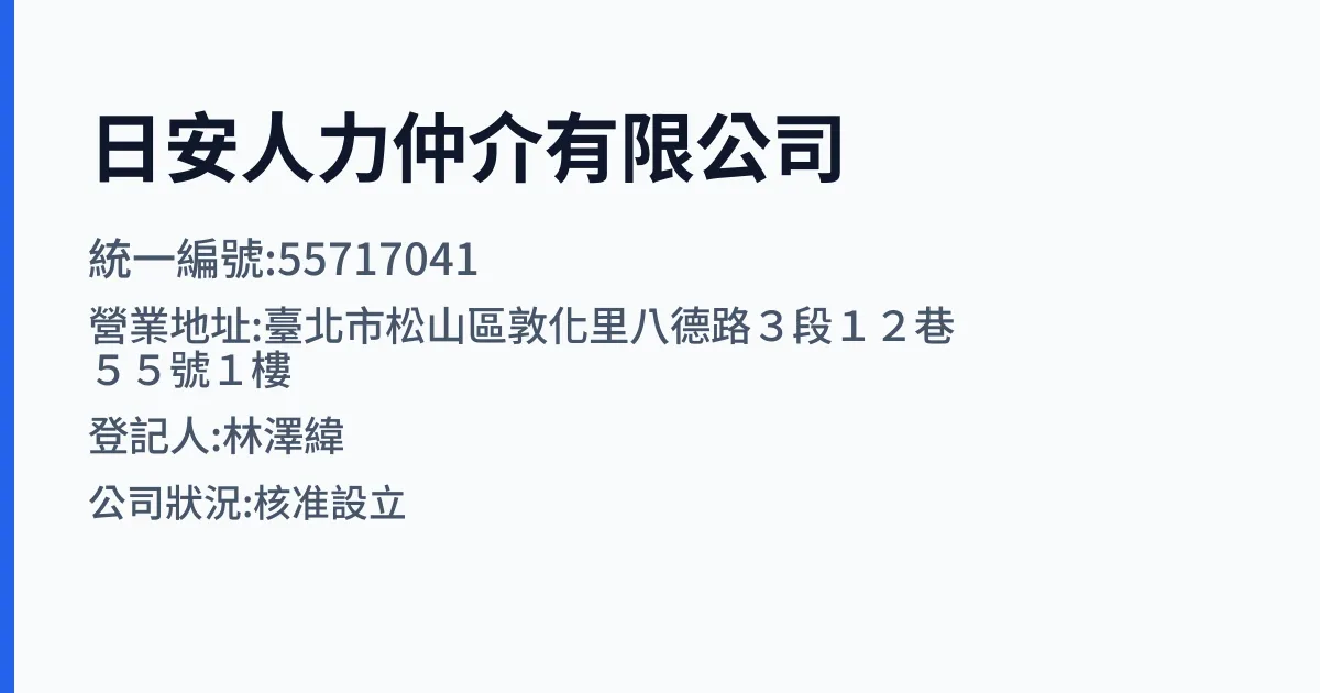日安人力仲介有限公司 - 統編 55717041(臺北市) 公司登記資料與營業項目詳細圖表