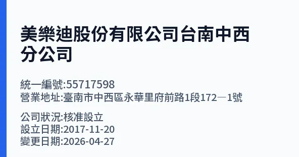 美樂迪股份有限公司台南中西分公司的照片-統編 55717598(臺南市) 公司登記資料與營業項目詳細圖表