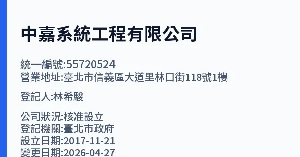 中嘉系統工程有限公司的照片-統編 55720524(臺北市) 公司登記資料與營業項目詳細圖表