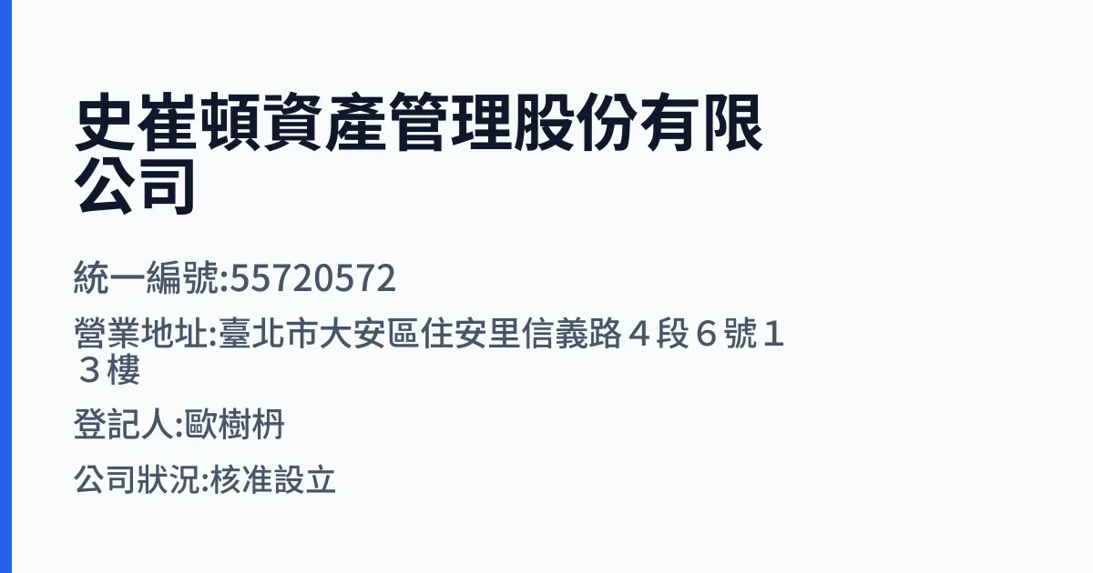 史崔頓資產管理股份有限公司 - 統編 55720572(臺北市) 公司登記資料與營業項目詳細圖表