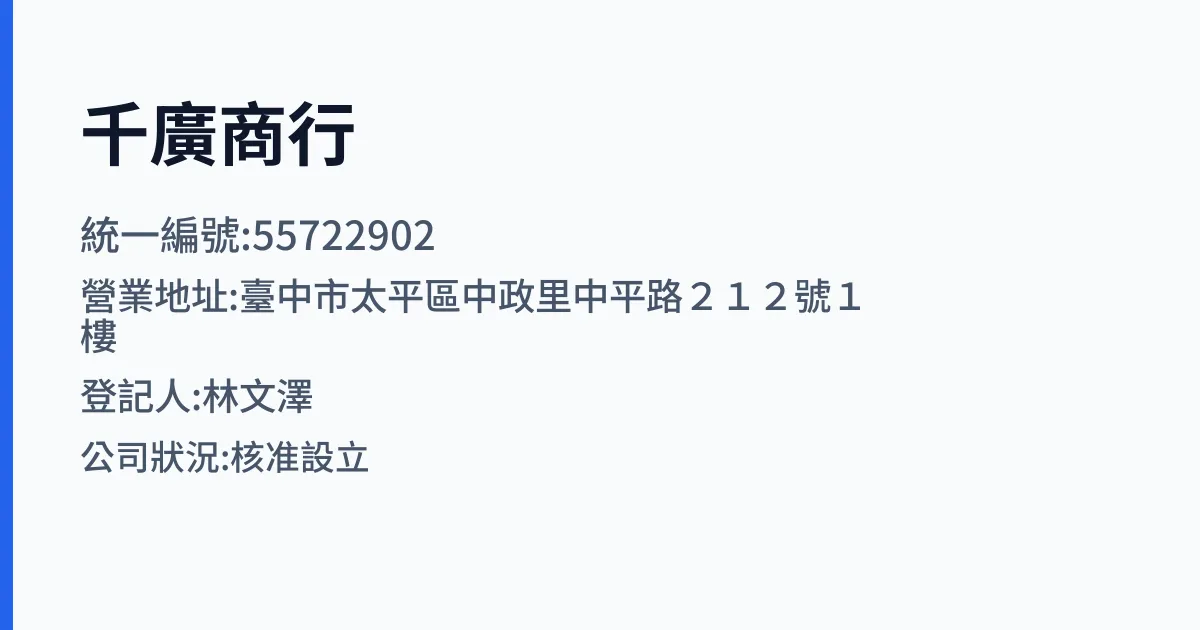 千廣商行 - 統編 55722902(臺中市) 公司登記資料與營業項目詳細圖表