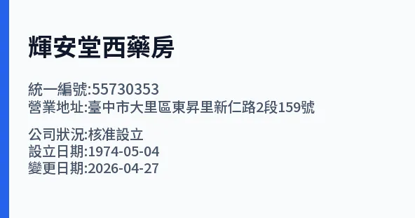 輝安堂西藥房的照片-統編 55730353(臺中市) 公司登記資料與營業項目詳細圖表