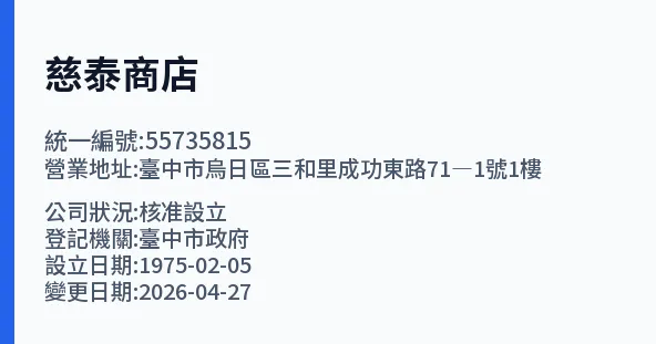 慈泰商店的照片-統編 55735815(臺中市) 公司登記資料與營業項目詳細圖表