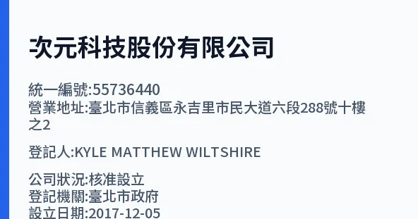 次元科技股份有限公司的照片-統編 55736440(臺北市) 公司登記資料與營業項目詳細圖表