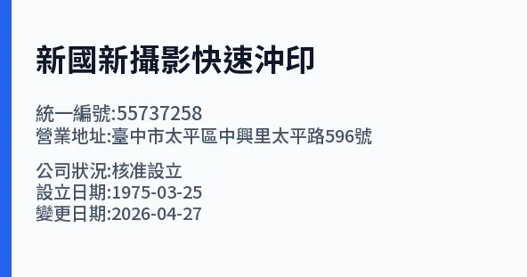 新國新攝影快速沖印的照片-統編 55737258(臺中市) 公司登記資料與營業項目詳細圖表